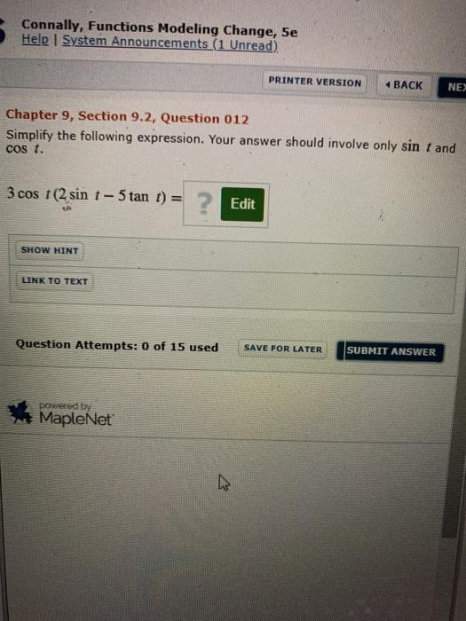 Solved Connally, Functions Modeling Change, 5e Help System | Chegg.com
