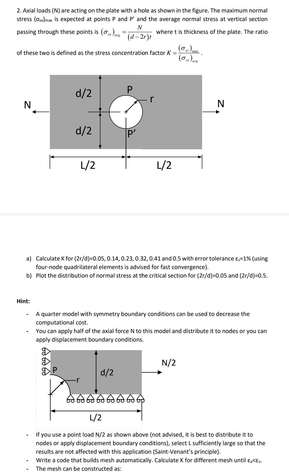 Solved 2. Axial loads (N) are acting on the plate with a | Chegg.com