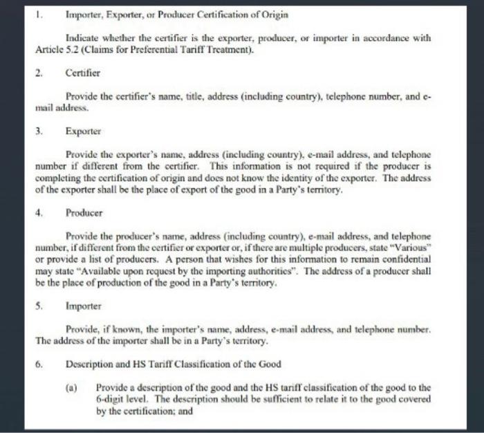 1. Importer, Exporter, or Producer Certification of | Chegg.com