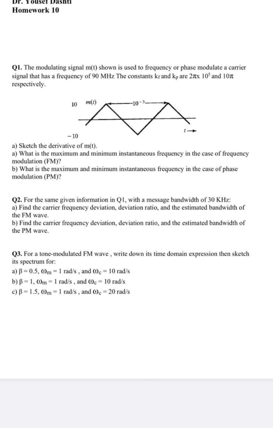 Homework 10 Q1. The modulating signal m(t) shown is | Chegg.com