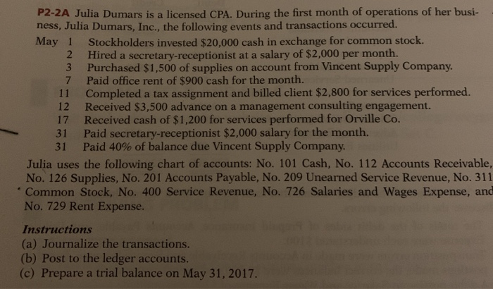 P2-2A Julia Dumars is a licensed CPA. During the | Chegg.com