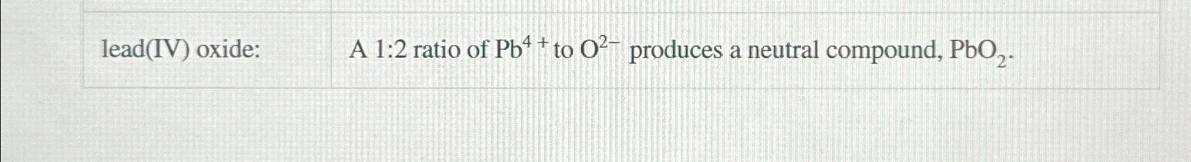 Solved lead(IV) ﻿oxide:A 1:2 ﻿ratio of Pb4+ ﻿to O2- | Chegg.com