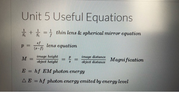 Solved Unit 5 Useful Equations + 5 = } thin lens & spherical | Chegg.com
