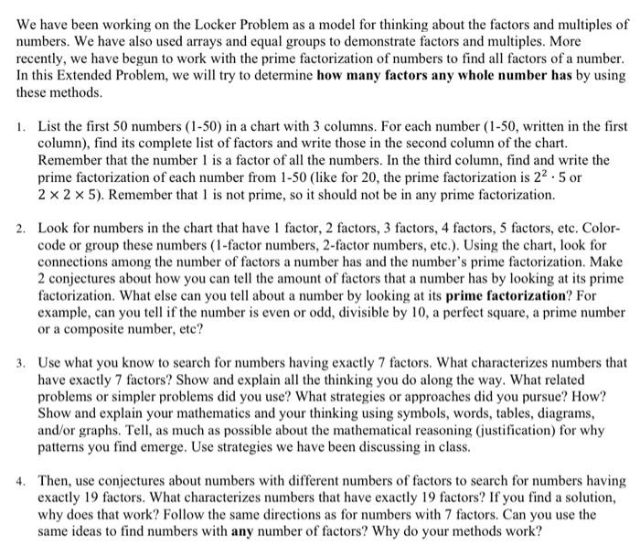Solved We have been working on the Locker Problem as a model | Chegg.com
