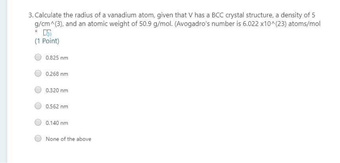 Solved 3. Calculate the radius of a vanadium atom, given | Chegg.com