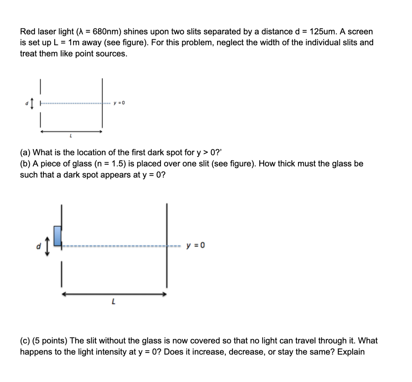 Solved Red laser light (λ=680nm) ﻿shines upon two slits | Chegg.com