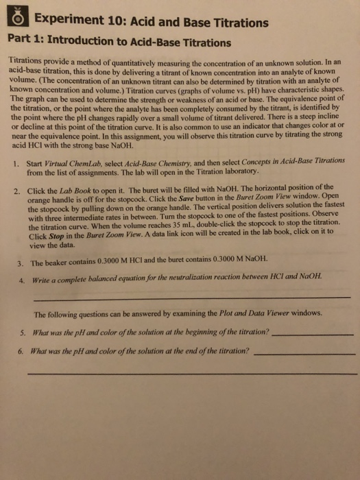 Solved Experiment 10: Acid and Base Titrations Part 1: | Chegg.com
