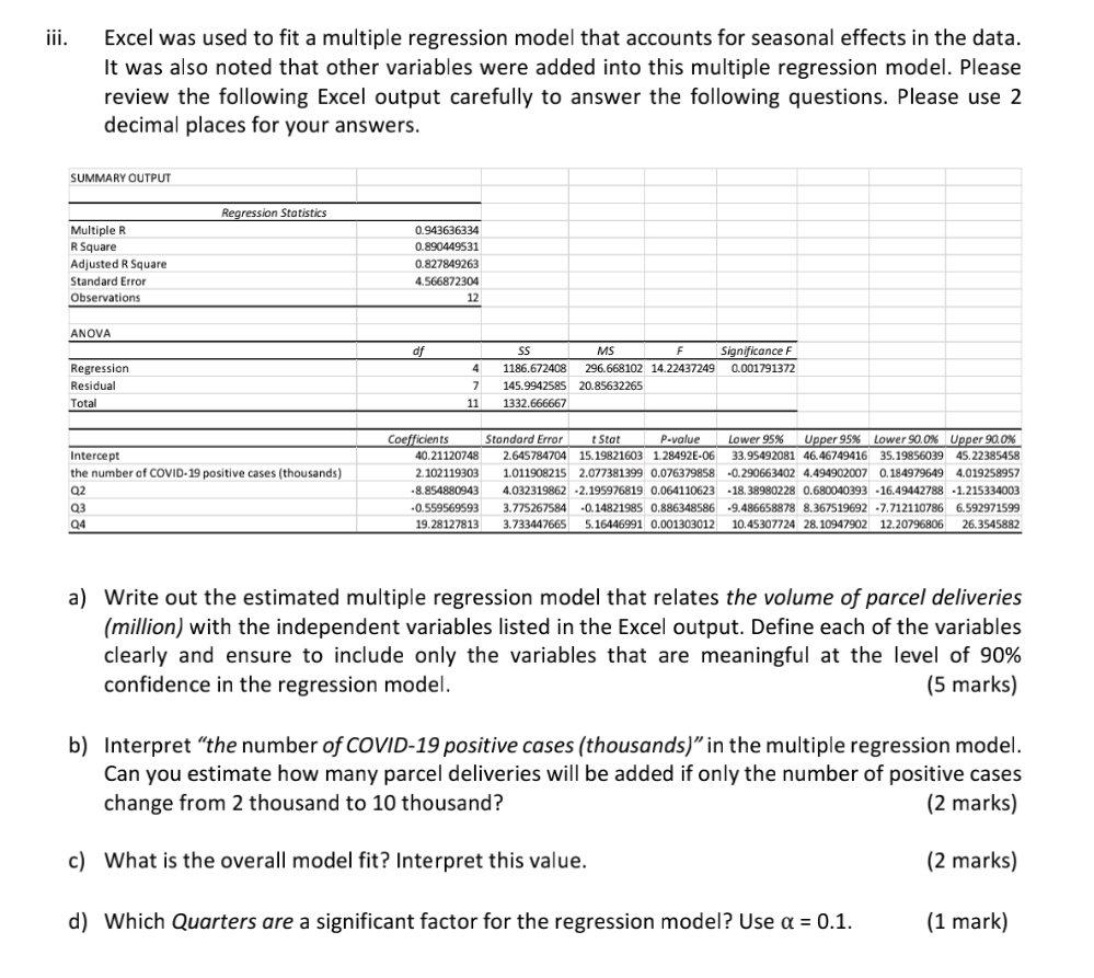 Solved Excel was used to fit a multiple regression model | Chegg.com