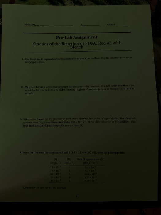 Solved Printed Name Pre-Lab Assignment Kinetics of the | Chegg.com