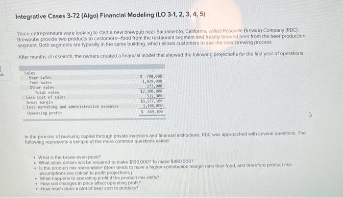 Solved Integrative Cases 3-72 (Algo) Financial Modeling (LO | Chegg.com