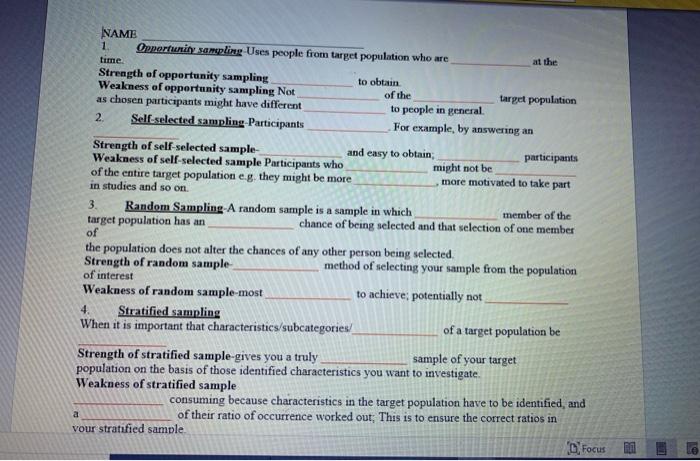 time NAME 1 Opportunity sampling Uses people from | Chegg.com