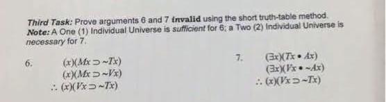 Solved Third Task: Prove arguments 6 and 7 invalid using the | Chegg.com