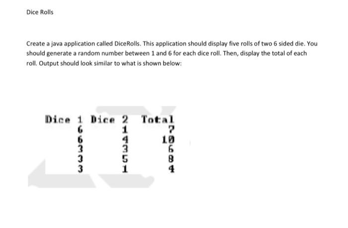 Solved Dice Rolls Create a java application called Dice | Chegg.com