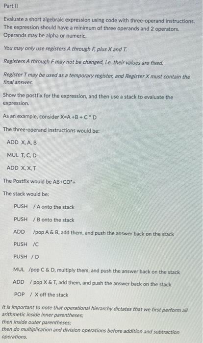 Solved Part II Evaluate a short algebraic expression using | Chegg.com