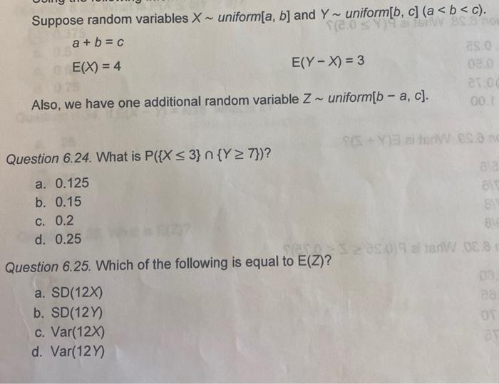 Solved Suppose random variables X ~ uniform[a, b] and Y~ | Chegg.com