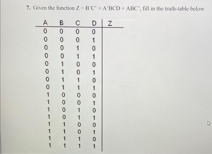 Solved 7. Given the function Z=B′C′+A′BCD+ABC, fill in the | Chegg.com
