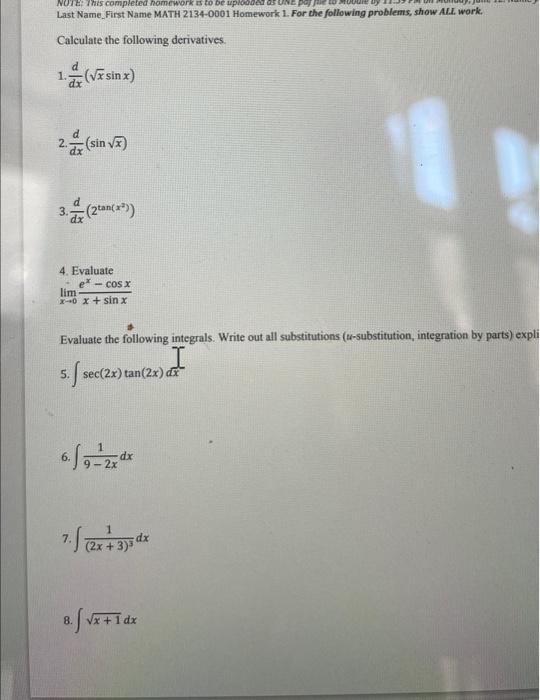 Solved Last Name. First Name MATH 2134-0001 Homework 1. For | Chegg.com