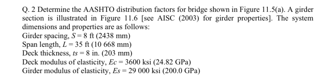Solved Q. 2 ﻿Determine the AASHTO distribution factors for | Chegg.com