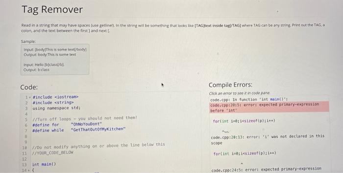 Solved Tag Remover Read in a string that may have spaces | Chegg.com