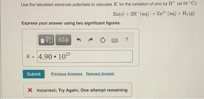 Solved Use the tabulated electrode potentials to calculate K | Chegg.com