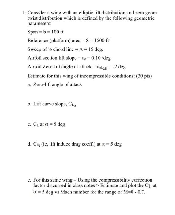 Solved 1. Consider a wing with an elliptic lift distribution | Chegg.com
