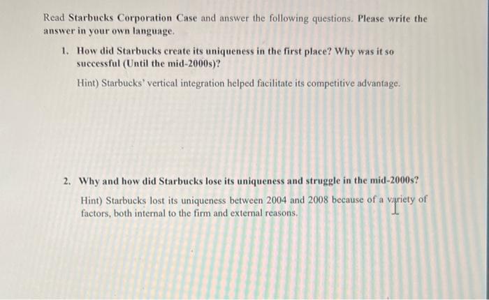 Solved Read Starbucks Corporation Case and answer the | Chegg.com