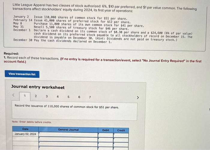 Solved Little League Apparel has two classes of stock | Chegg.com