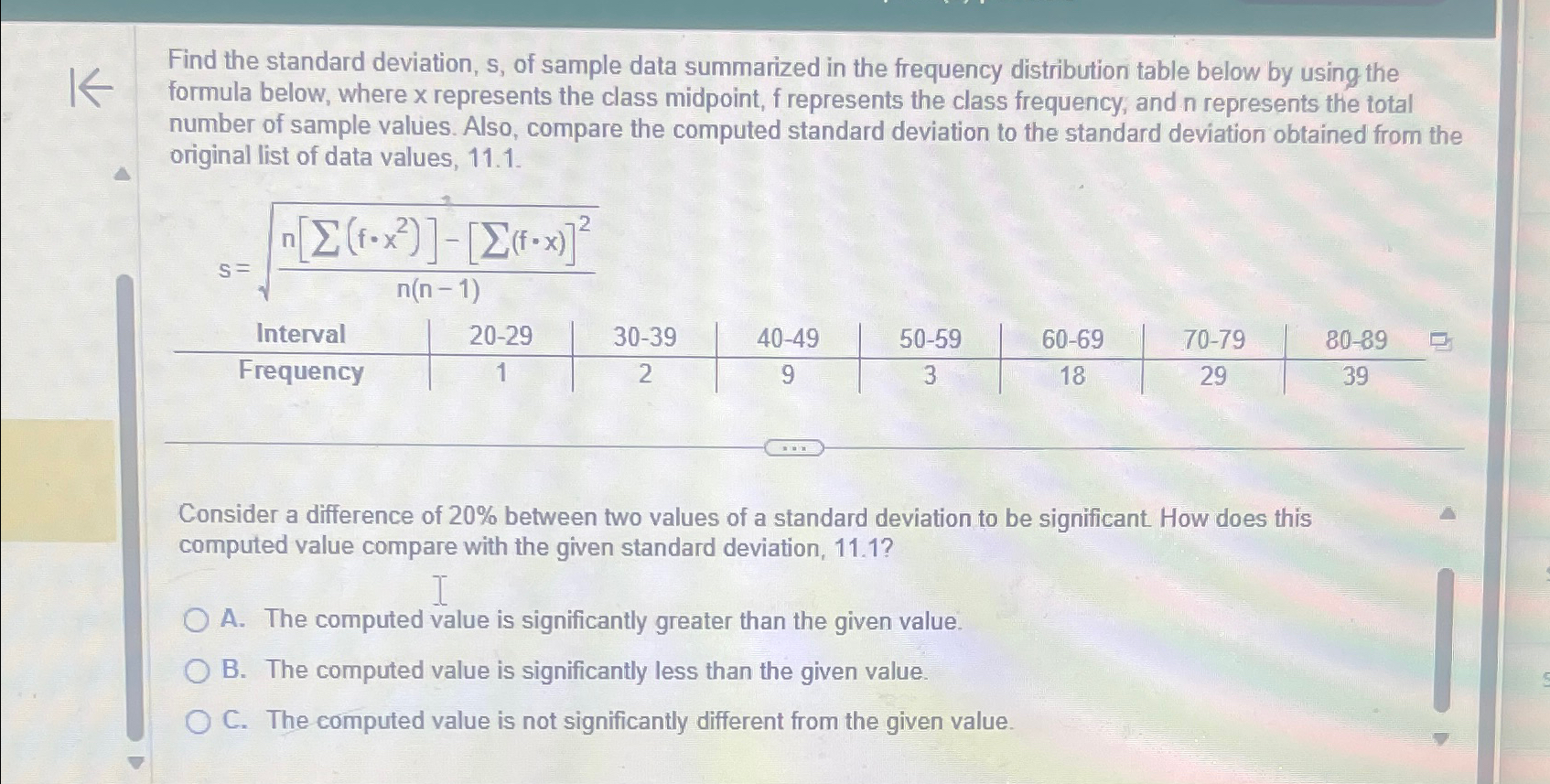 Find the standard deviation, s, ﻿of sample data | Chegg.com