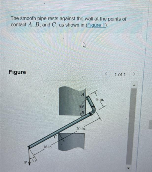 Solved The smooth pipe rests against the wall at the points | Chegg.com