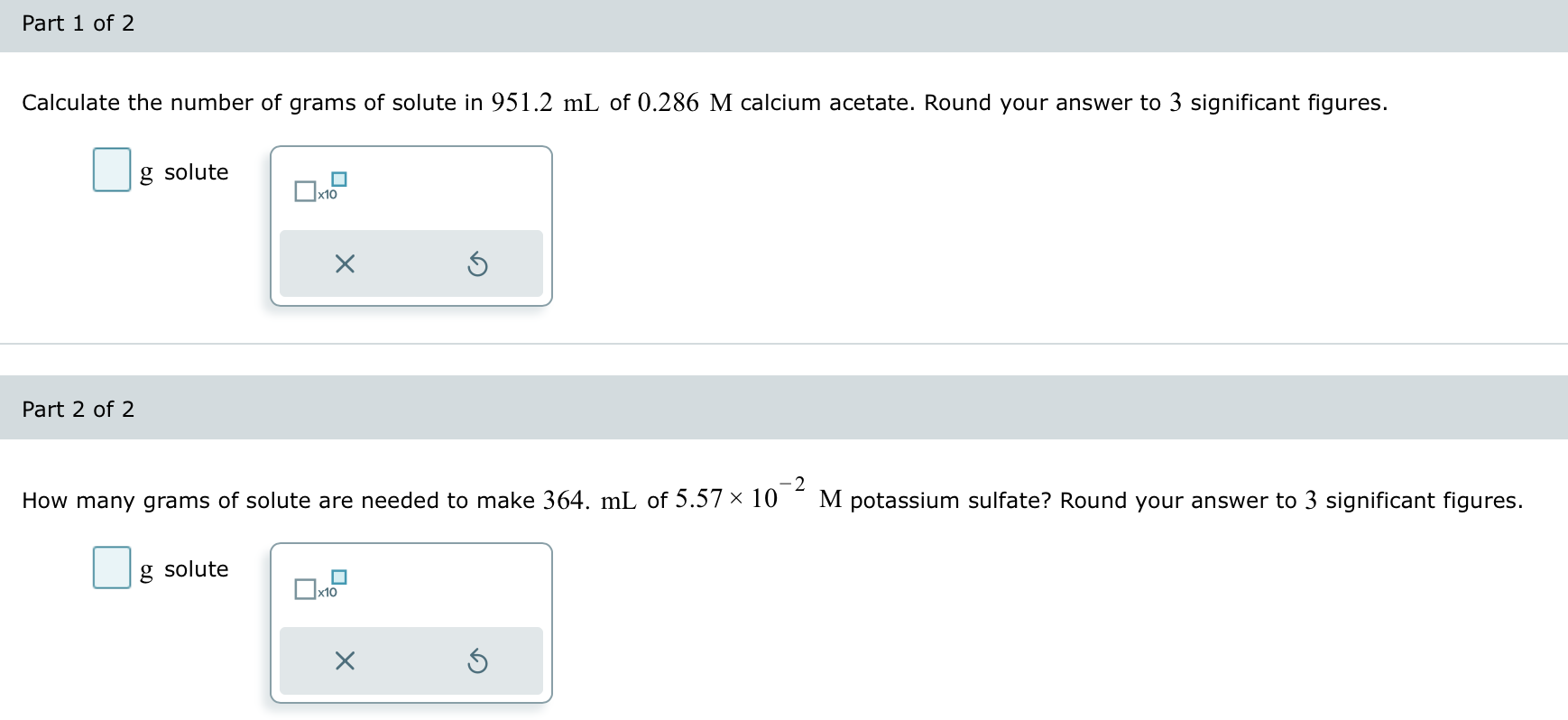 Solved Part 1 ﻿of 2Calculate the number of grams of solute | Chegg.com