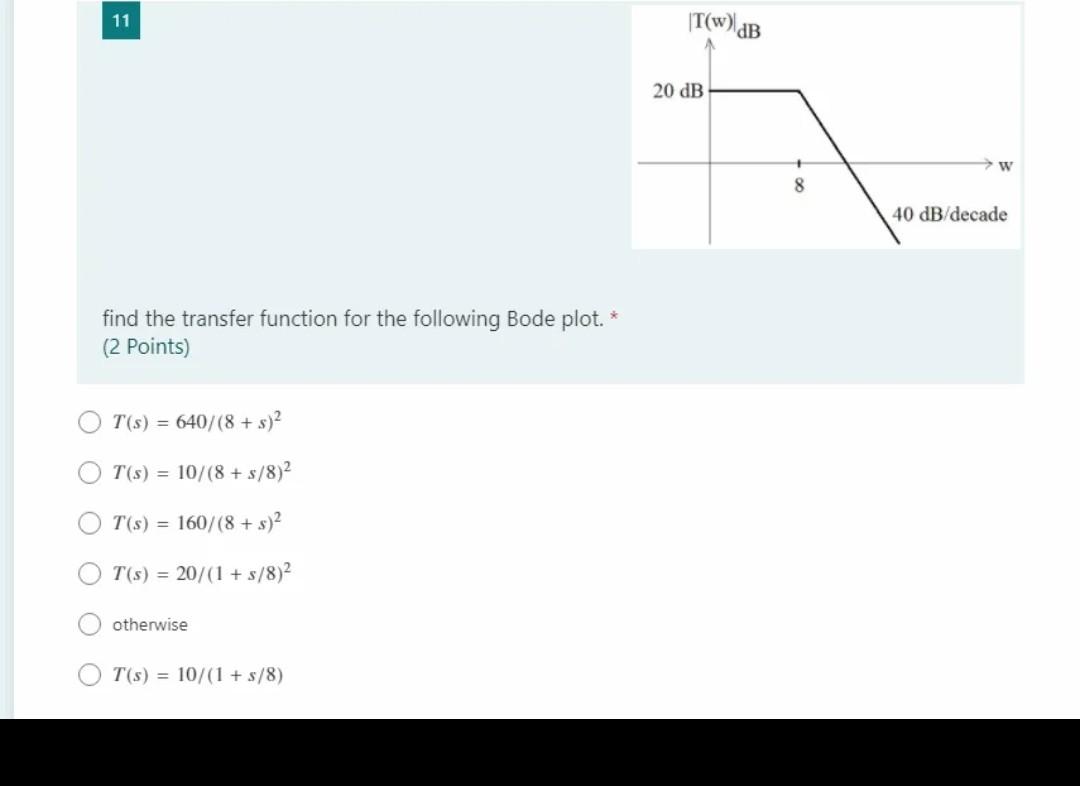 Solved 11 11 T(w) dB 20 dB w 8 40 dB/decade find the | Chegg.com