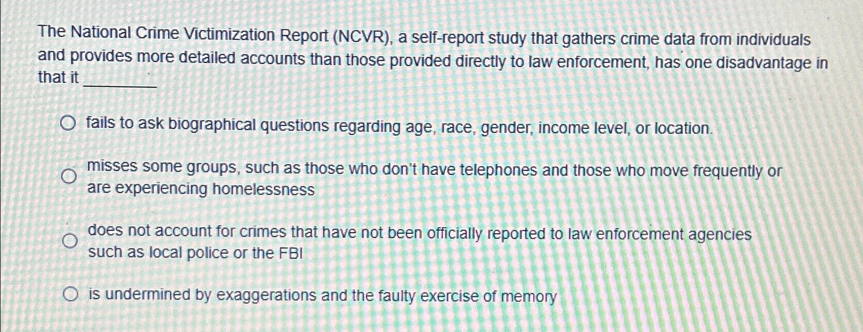 Solved The National Crime Victimization Report (NCVR), ﻿a | Chegg.com