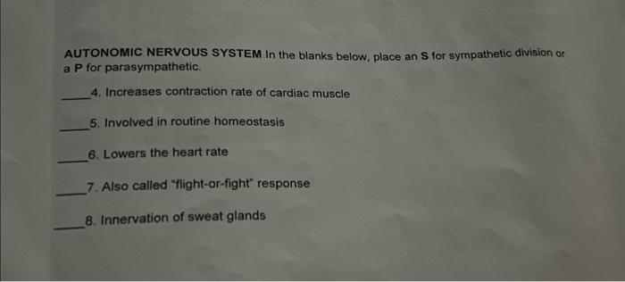 Solved AUTONOMIC NERVOUS SYSTEM In the blanks below, place | Chegg.com