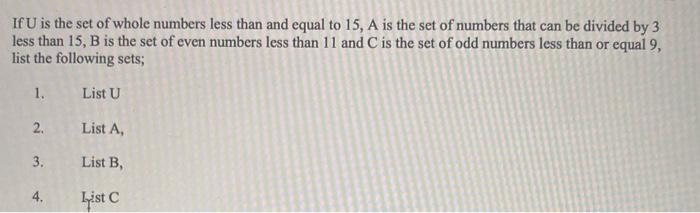 Solved If U is the set of whole numbers less than and equal | Chegg.com