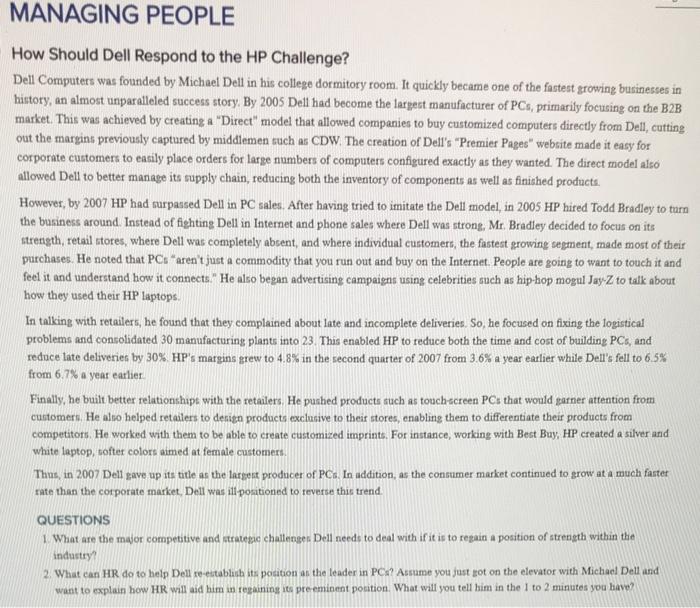 Solved MANAGING PEOPLE How Should Dell Respond to the HP | Chegg.com