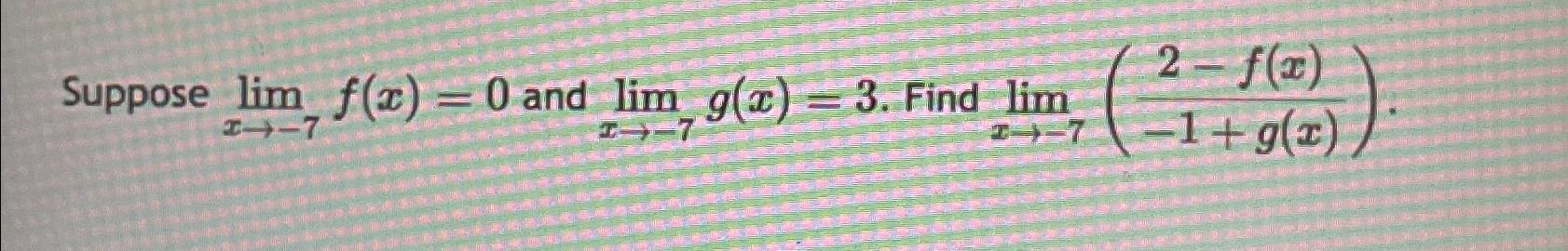 Solved Suppose limx→-7f(x)=0 ﻿and limx→-7g(x)=3. ﻿Find | Chegg.com