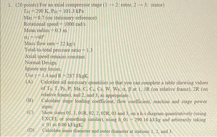 Solved 1. (20 points) For an axial compressor stage (1 — 2: | Chegg.com