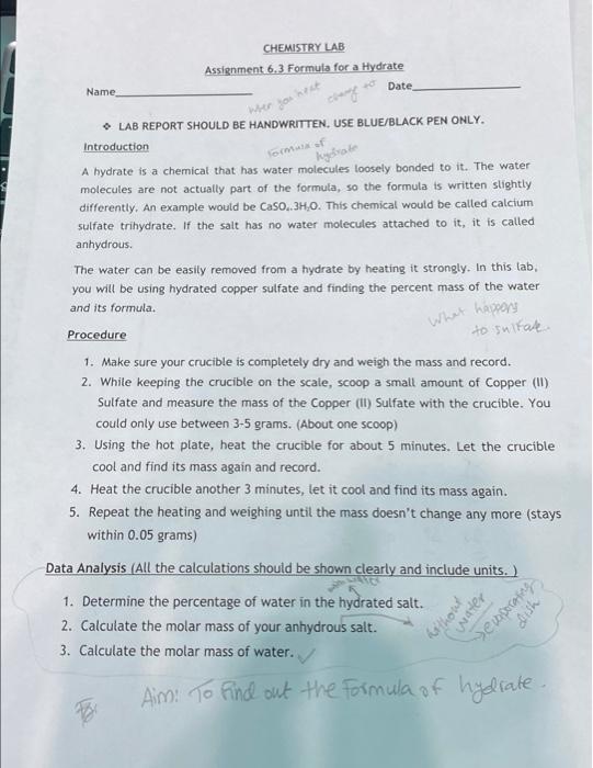 Solved CHEMISTRY LAB Assignment 6.3 Formula for a Hydrate | Chegg.com