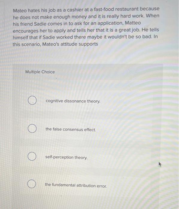 Solved Mateo hates his job as a cashier at a fast-food | Chegg.com