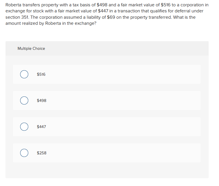 Solved Roberta transfers property with a tax basis of \( \$ | Chegg.com