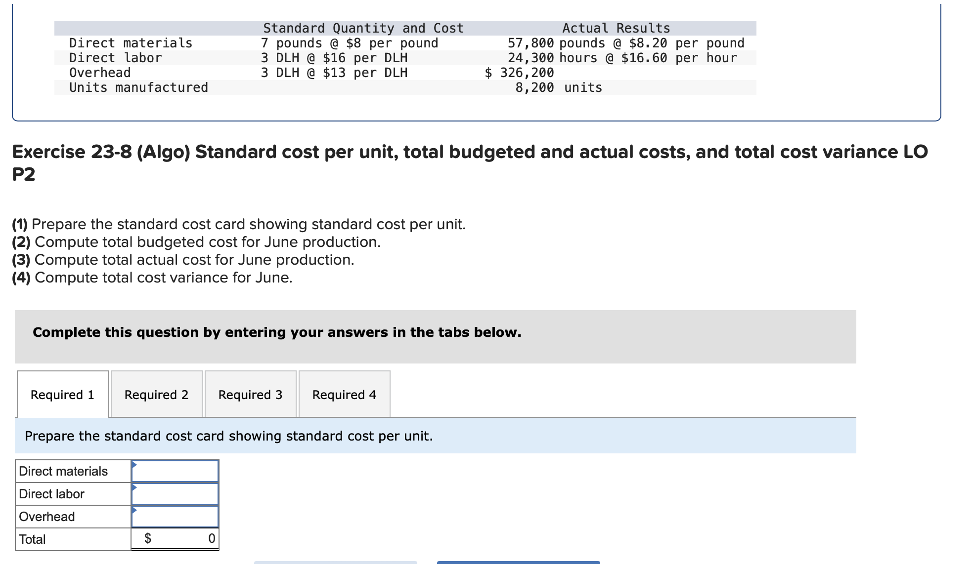 Exercise 23-8 (Algo) ﻿Standard cost per unit, total | Chegg.com