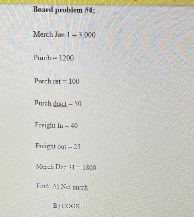 Solved Board problem \#4; Merch Jan 1 =3,000 Purch =1200 | Chegg.com