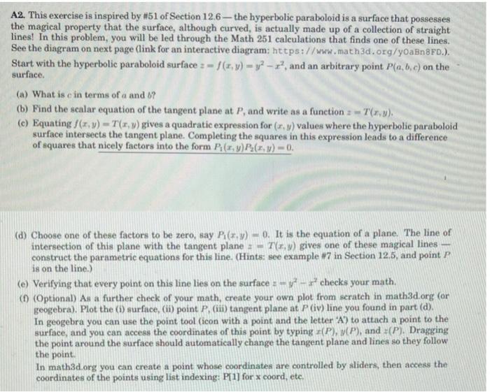 Solved A2. This exercise is inspired by #51 of Section 12.6 | Chegg.com