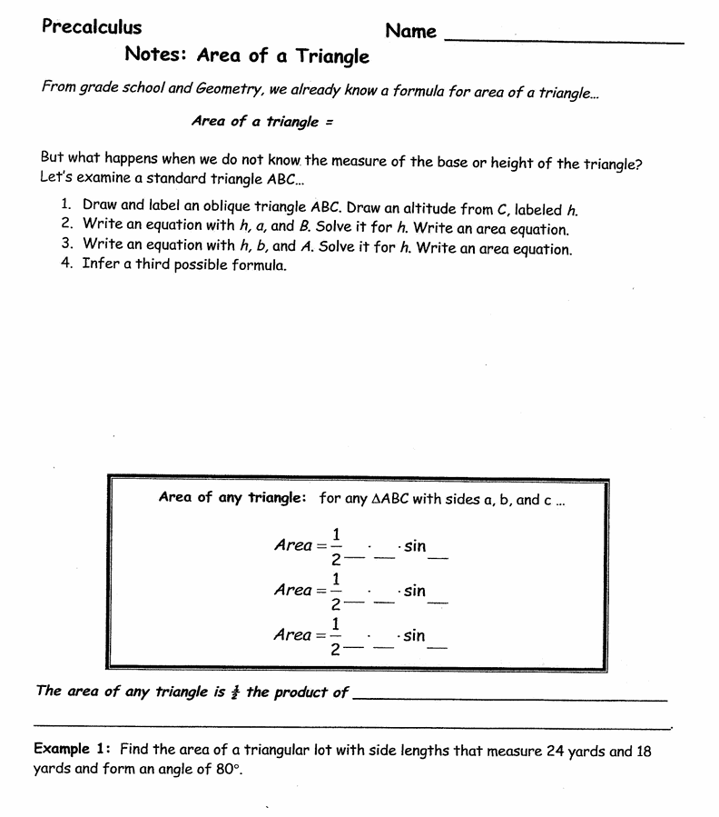 Solved Area of A Triangle Precalculus Worksheet | Chegg.com