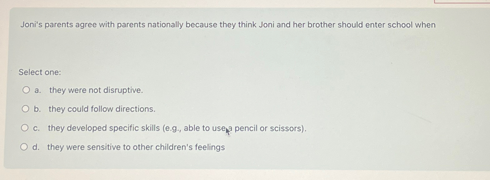 Solved Joni's parents agree with parents nationally because | Chegg.com