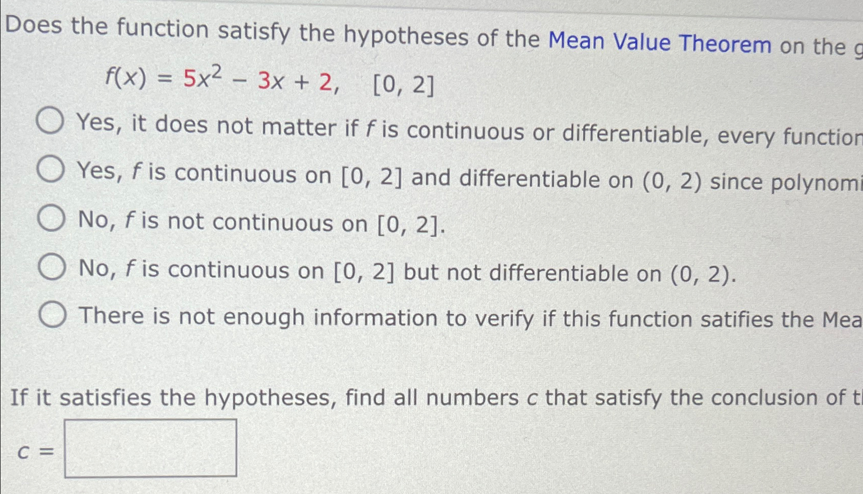 Solved Does the function satisfy the hypotheses of the Mean | Chegg.com