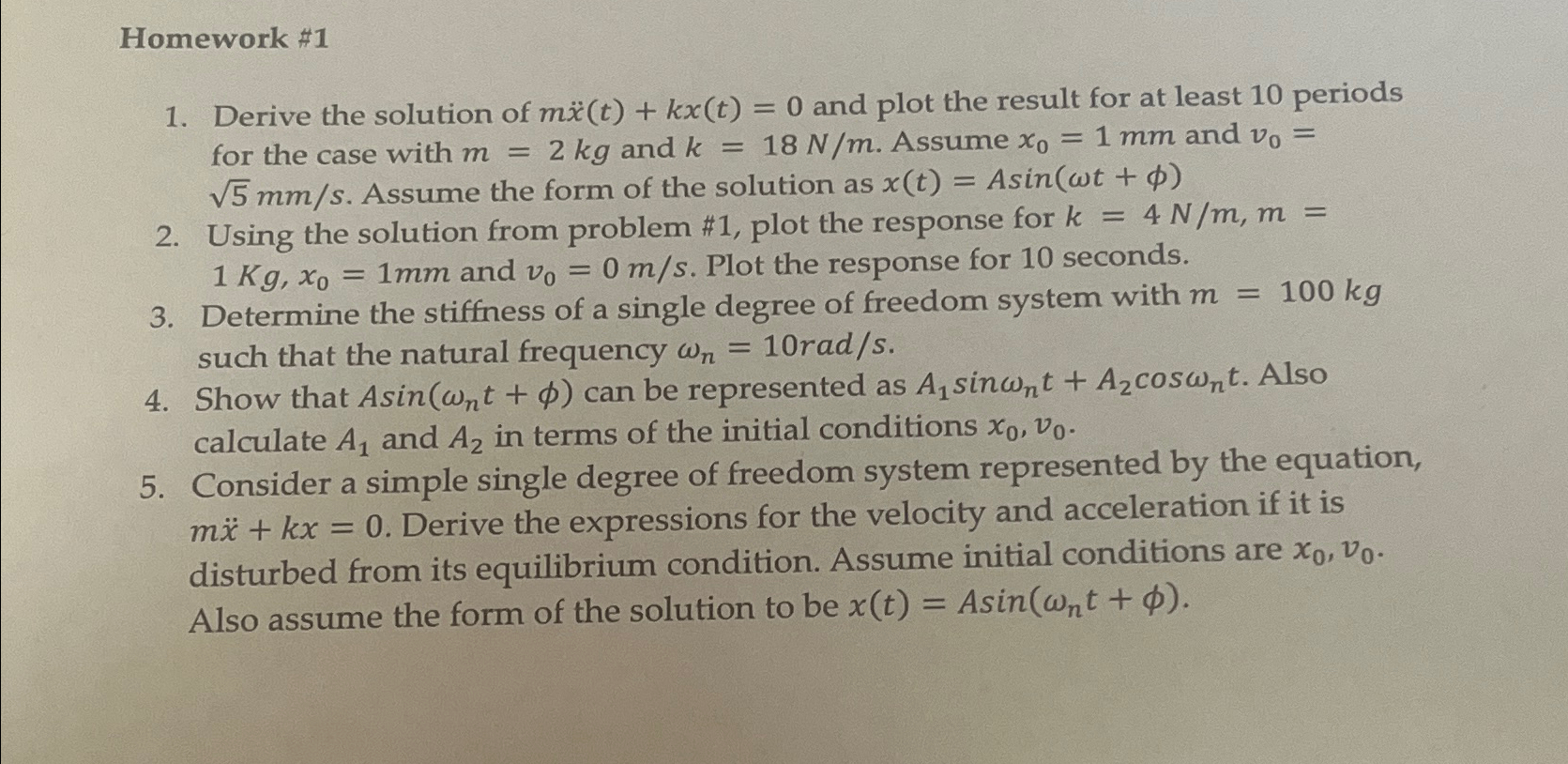 Solved Homework #1Derive the solution of mx¨(t)+kx(t)=0 ﻿and | Chegg.com