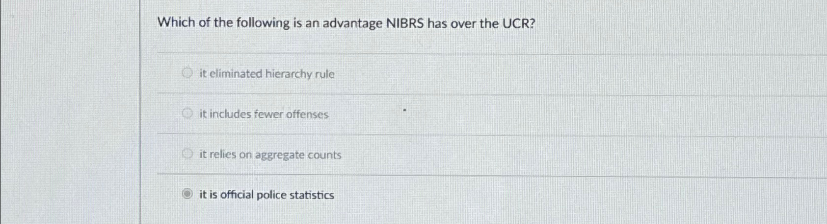 Solved Which of the following is an advantage NIBRS has over | Chegg.com