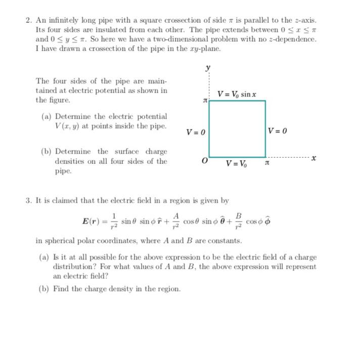 Solved 2. An infinitely long pipe with a square crossection | Chegg.com