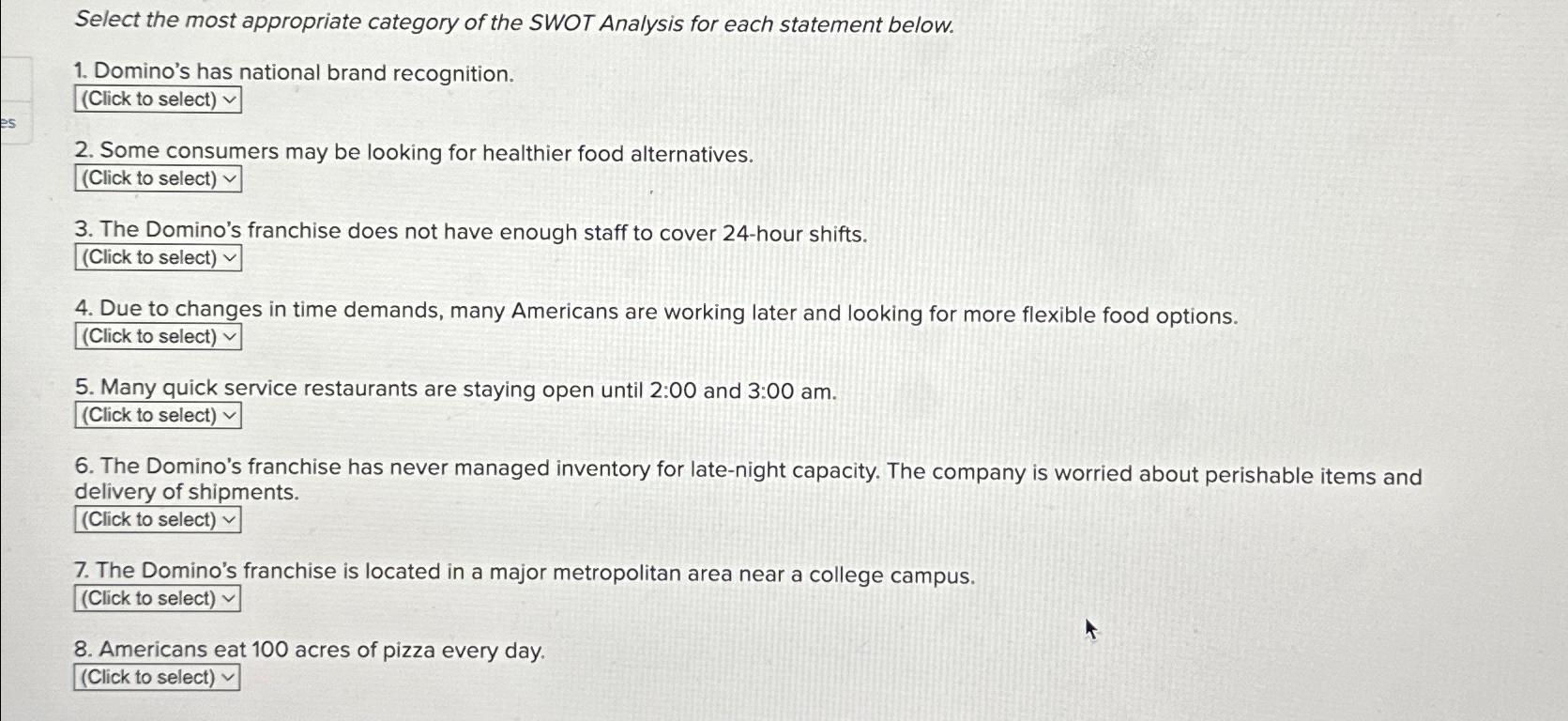 Select the most appropriate category of the SWOT | Chegg.com